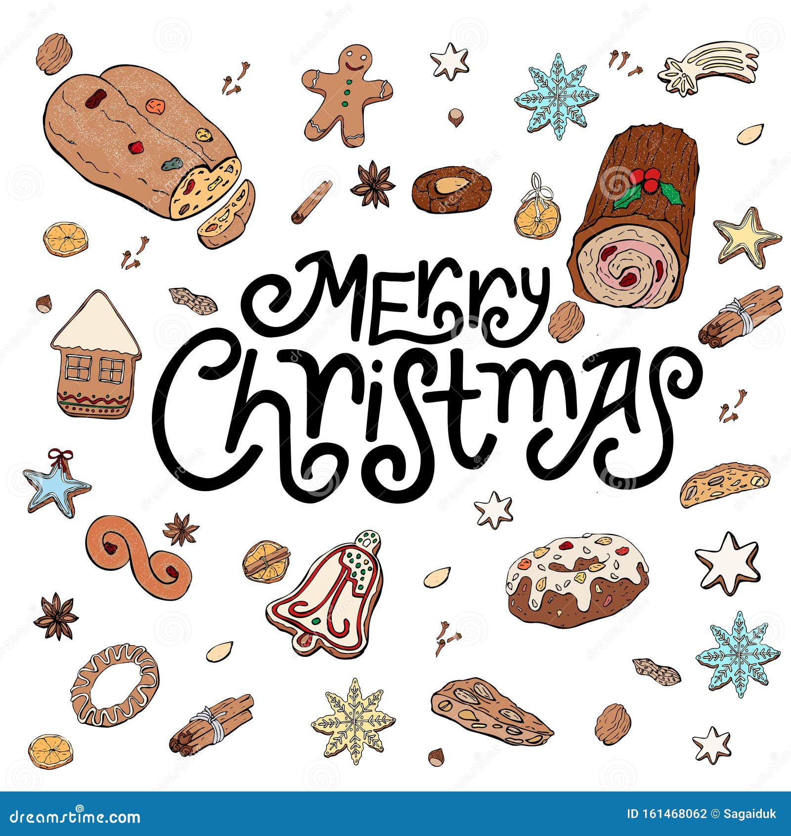 Set Of Christmas Sweets And Baking Hand Doodles Lettering Inscription Merry Christmas Stock