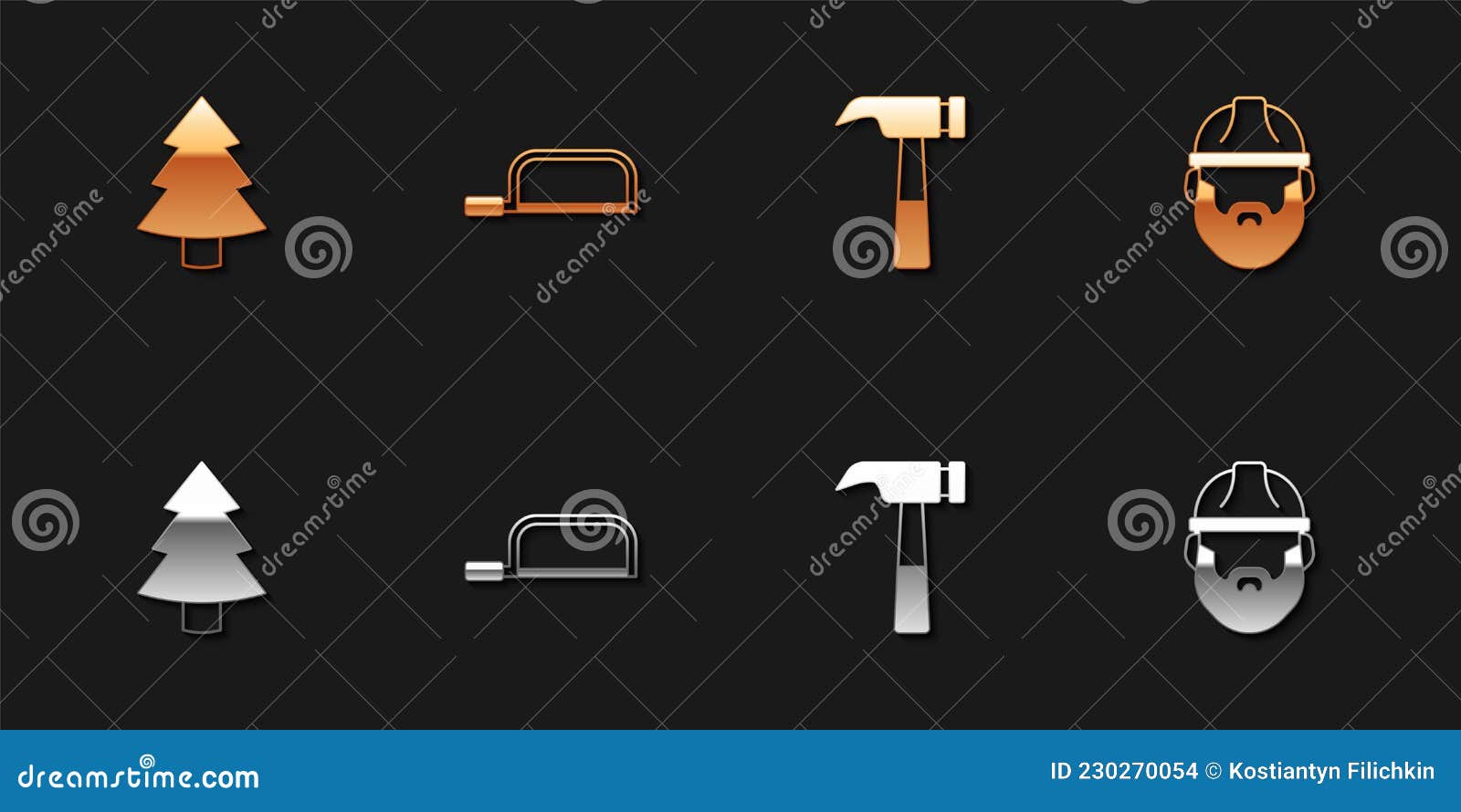 Set Christmas Tree, Hacksaw, Hammer and Lumberjack Icon. Vector Stock ...