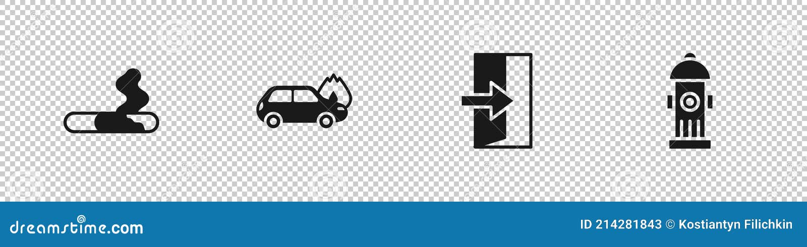 Set Cigarette, Burning Car, Fire Exit and Hydrant Icon. Vector Stock Vector - Illustration of ...
