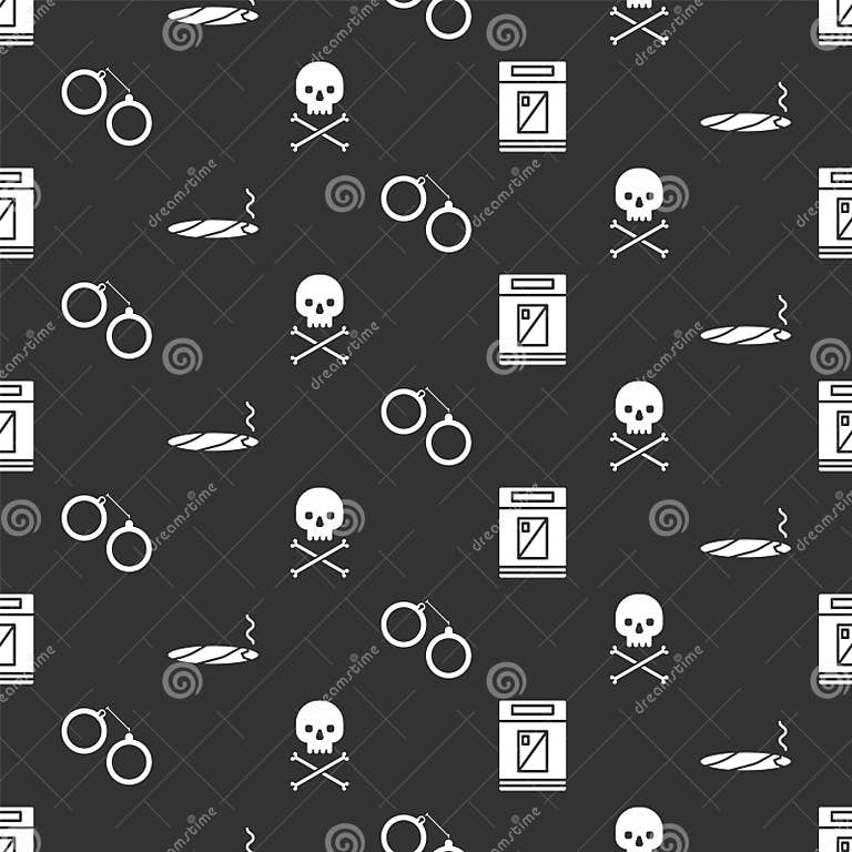 Set Cigarettes Pack Box, Cigar with Smoke, Handcuffs and Skull on ...