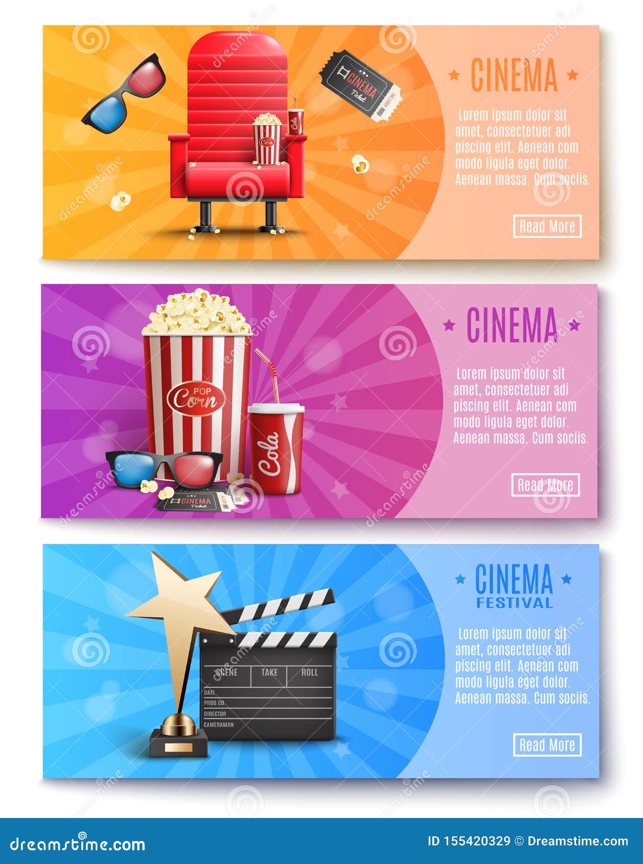 Set 3 Cinema Banners with 3d Realistic Elements.Vector Illustration ...