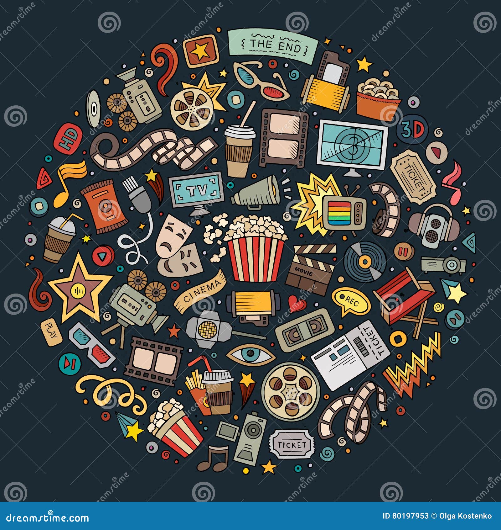 Set of Cinema Cartoon Doodle Objects Stock Vector - Illustration of ...