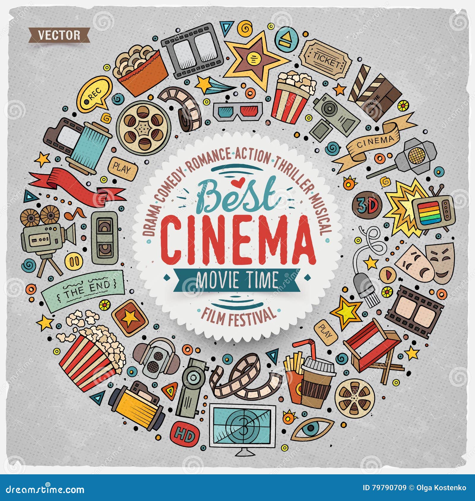 Set of Cinema Cartoon Doodle Objects Stock Vector - Illustration of ...