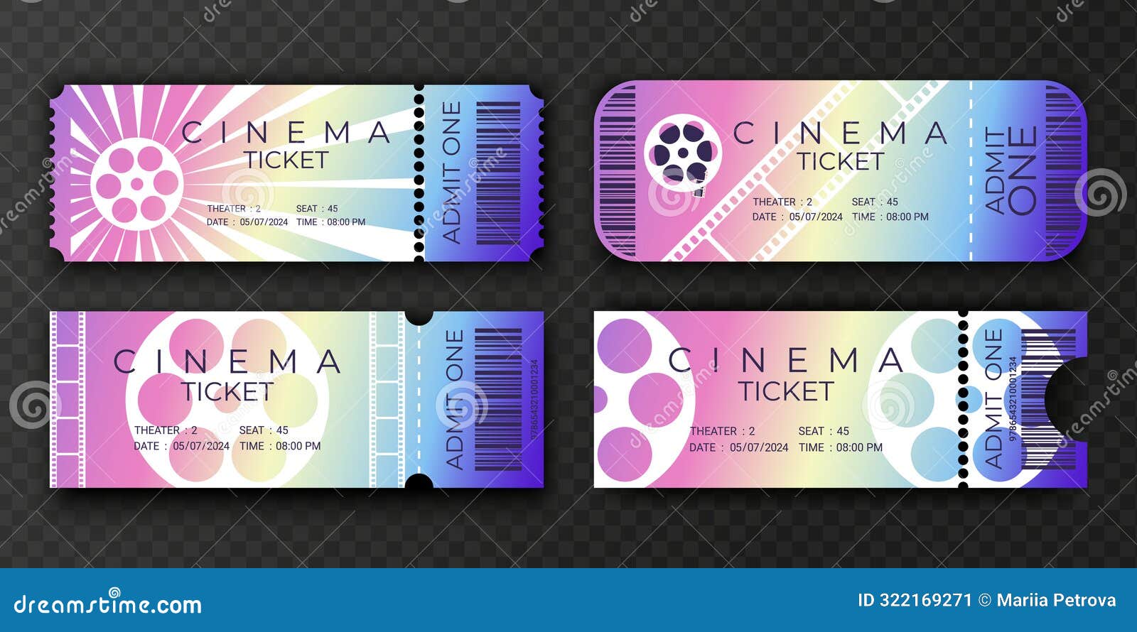 Set of Cinema Tickets with Gradient Design. Different Shapes, Front ...