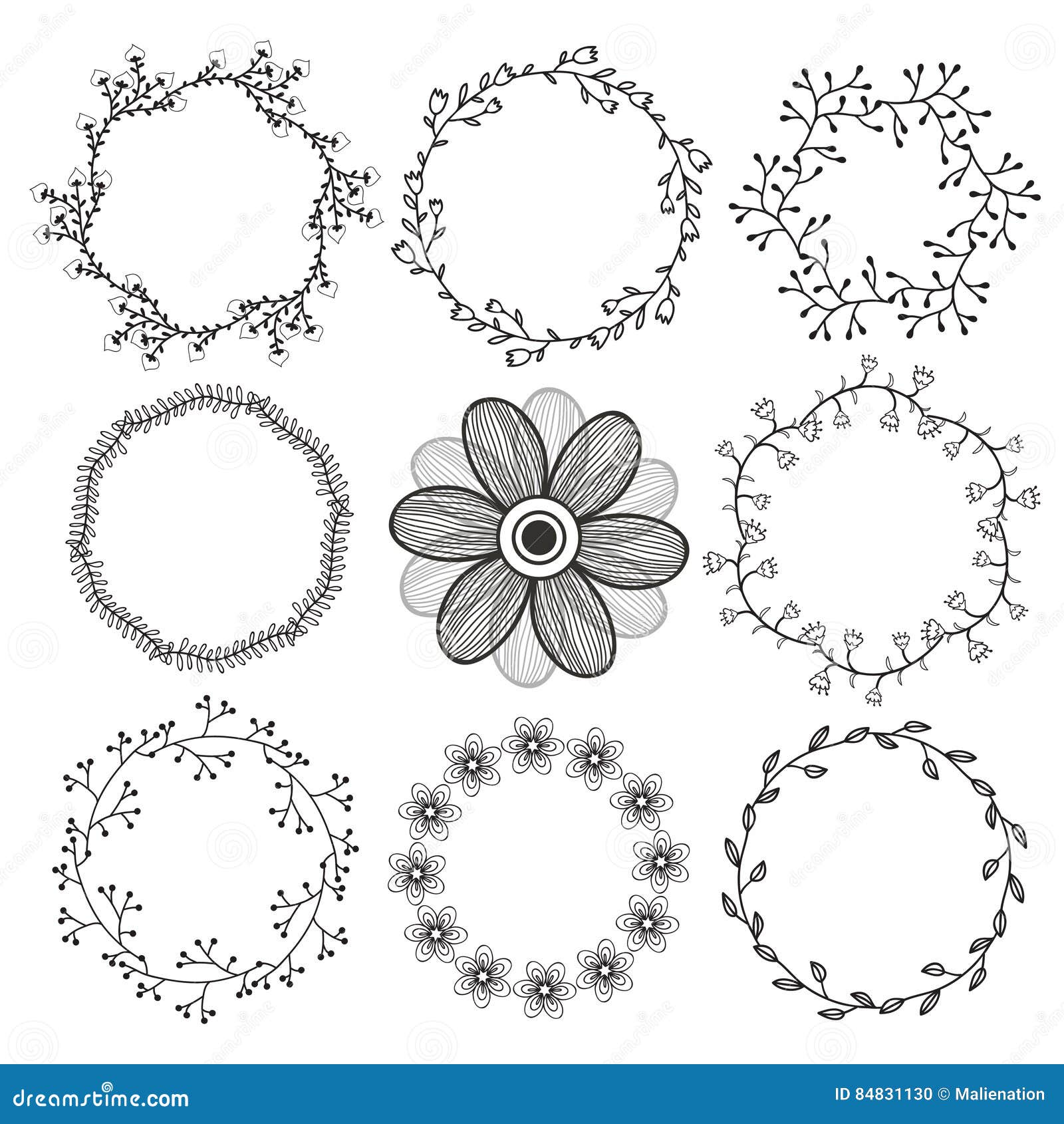 Set of Circle Frames. Cute Natural Round Frames for Greeting Card Stock ...