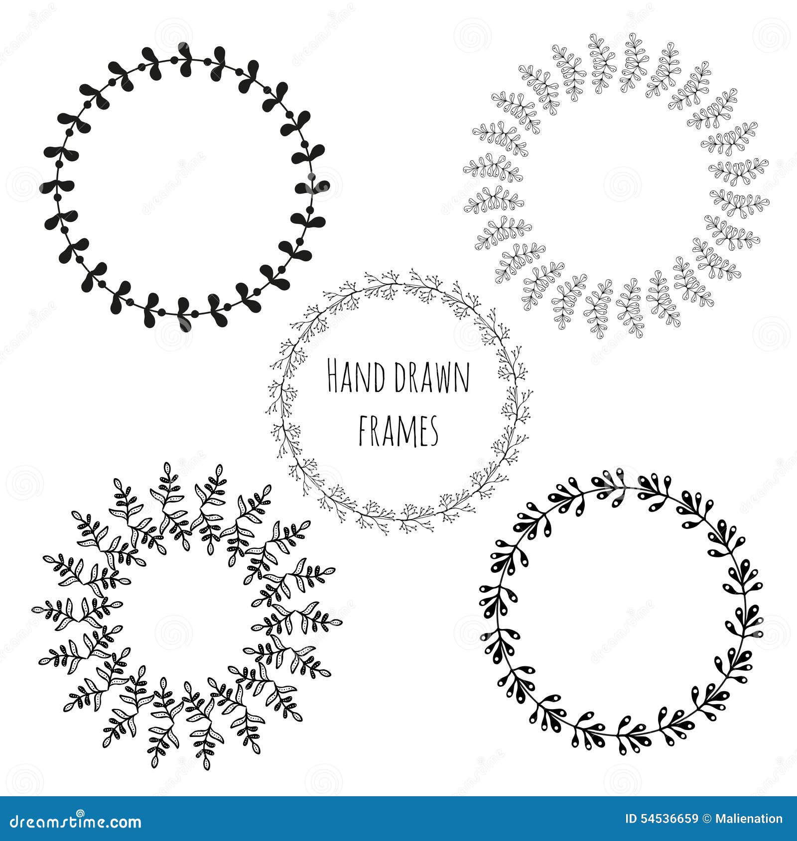 Set of Circle Hand Drawn Frames. Cute Leaves Round Frames for Greeting ...