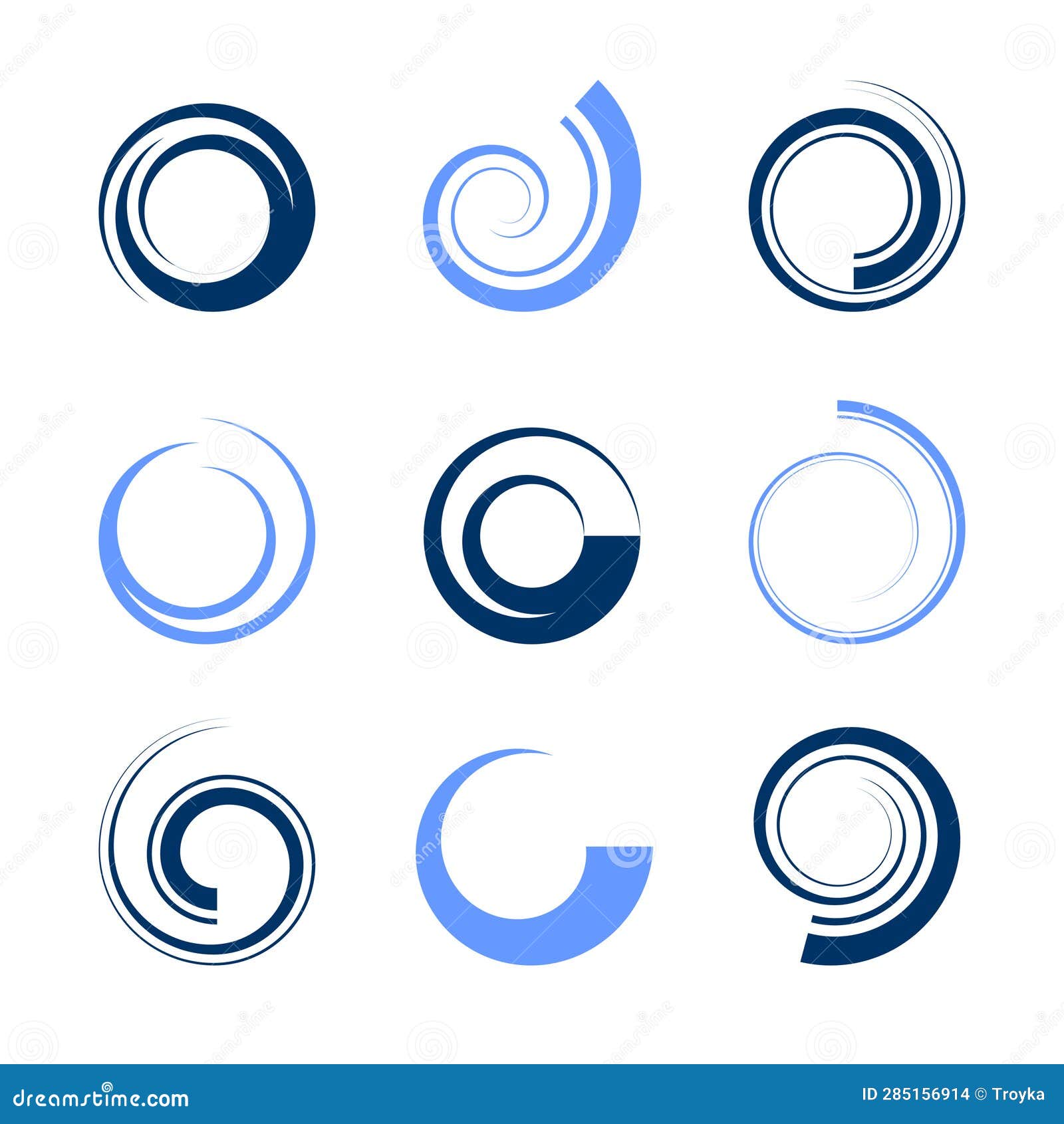 Set of Circle Spiral Design Elements. Abstract Blue Whirl Icons Stock ...