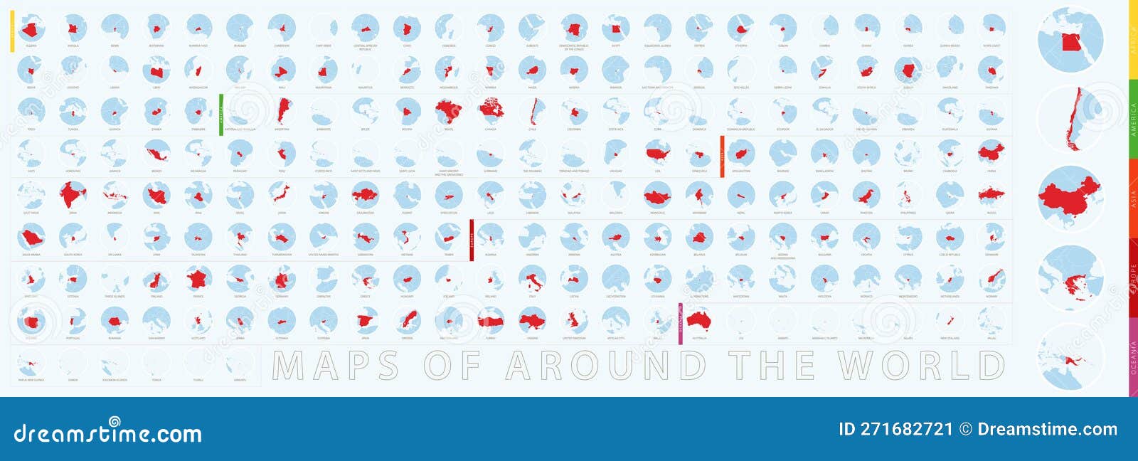 Set of Circular Maps of the World, Blue Map with Highlighted Country in ...