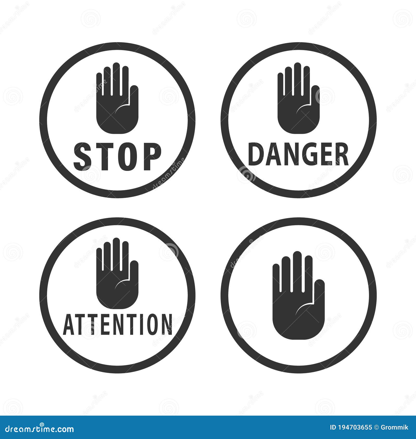 Set of Circular Warning Signs with a Raised Open Palm and Inscriptions ...