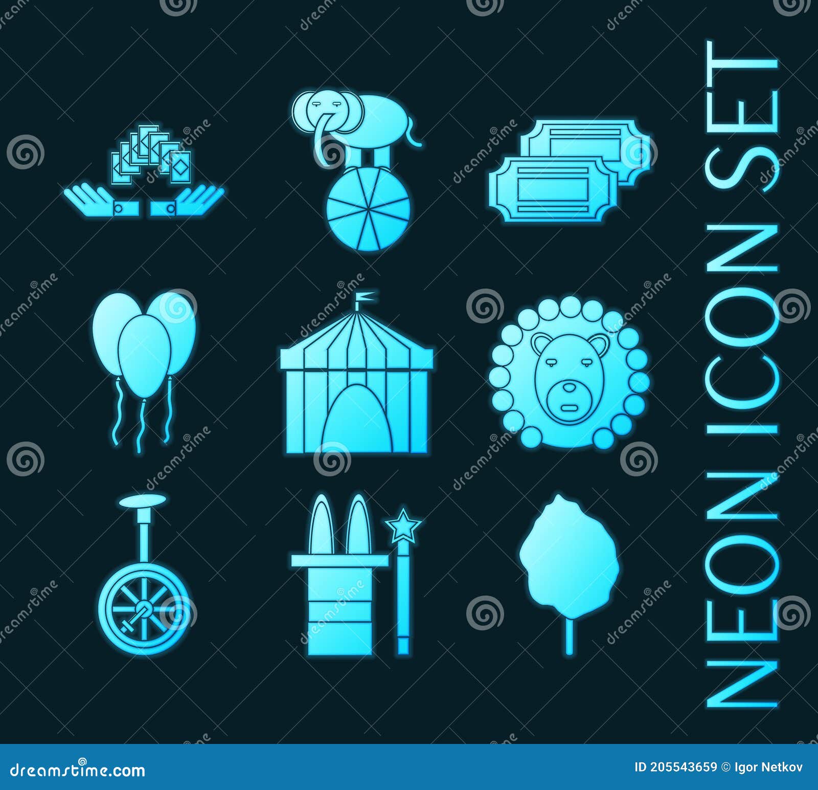 Set of Circus Blue Glowing Neon Icons Stock Vector - Illustration of ...