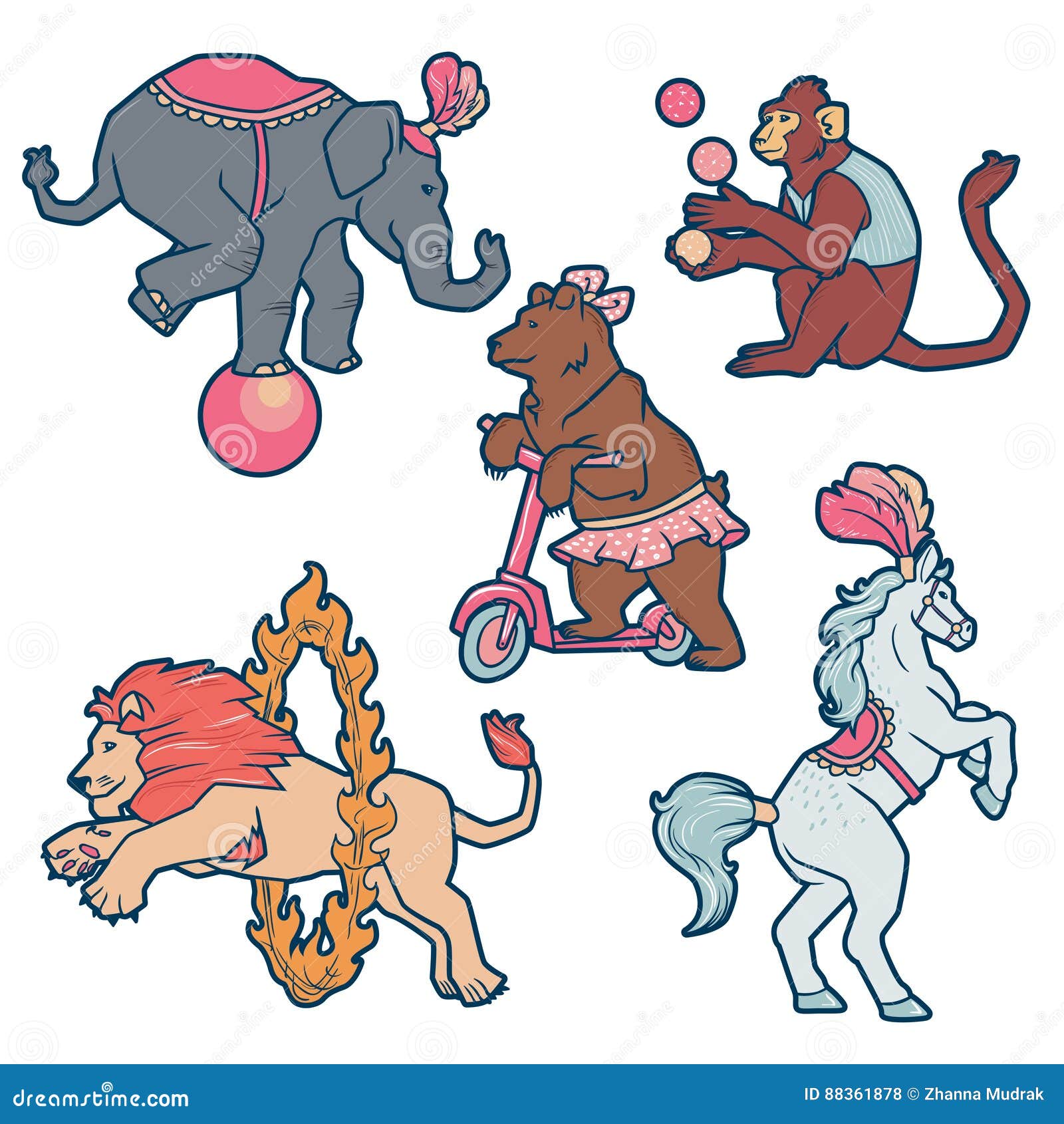 Set of Circus Trained Wild Animals Performance Isolated on White Stock ...