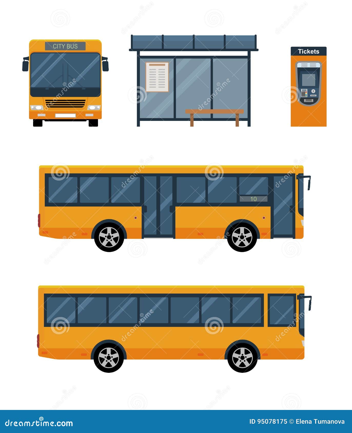 Set of City Bus with Front and Side View, Bus Stop and Ticket Machine ...