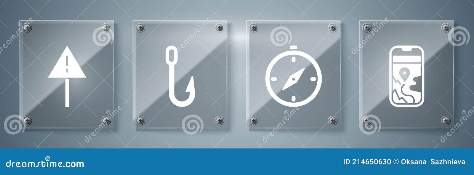 Set City Map Navigation, Compass, Fishing Hook and Exclamation Mark in ...