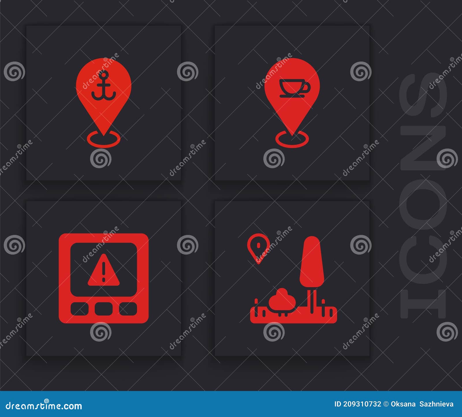 Set City Map Navigation, Location with Anchor, Coffee Cup and Gps ...