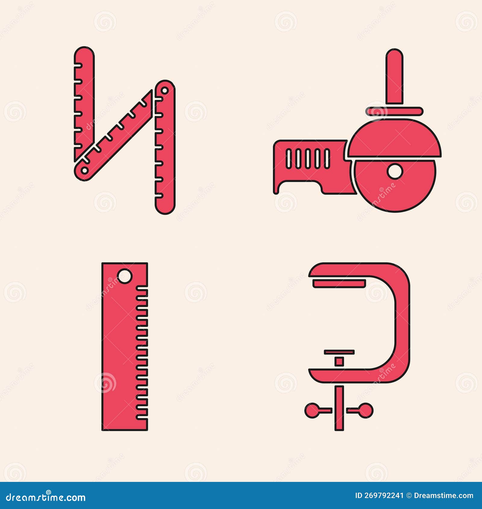 Set Clamp and Tool, Folding Ruler, Angle Grinder and Ruler Icon. Vector ...