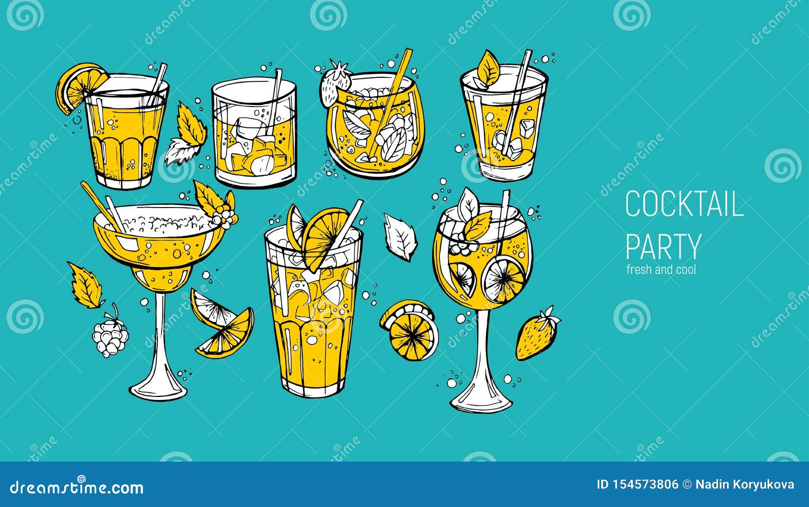 Set Of Classic Alcoholic Cocktails Hand Drawn Illustration Stock