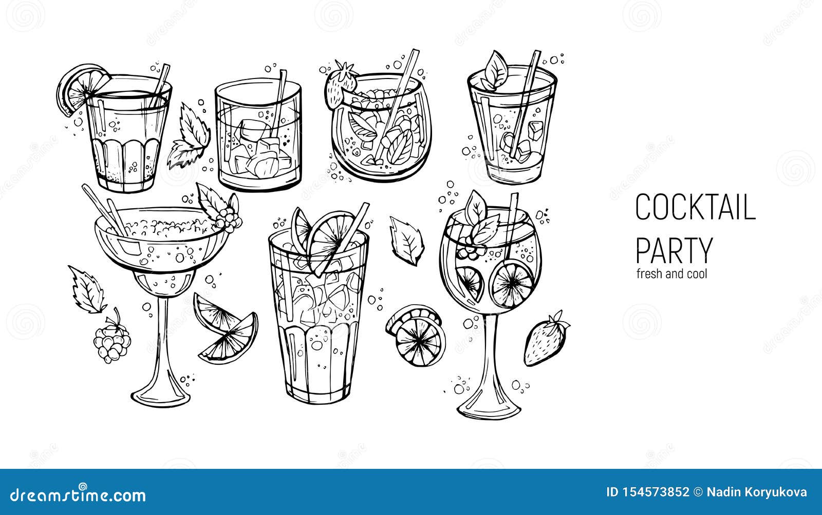 Set Of Classic Alcoholic Cocktails Hand Drawn Illustration Stock