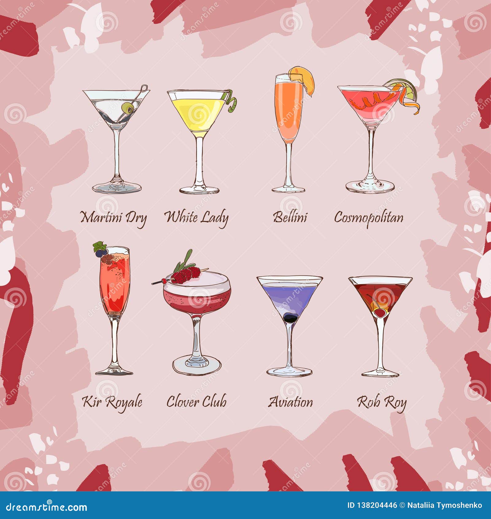 Set Of Classic Cocktails On Abstract Pink Background Fresh Bar