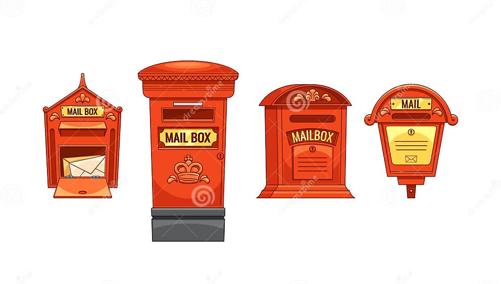 Set of Classic Red Mailboxes with Mail and Letters, Each Featuring ...
