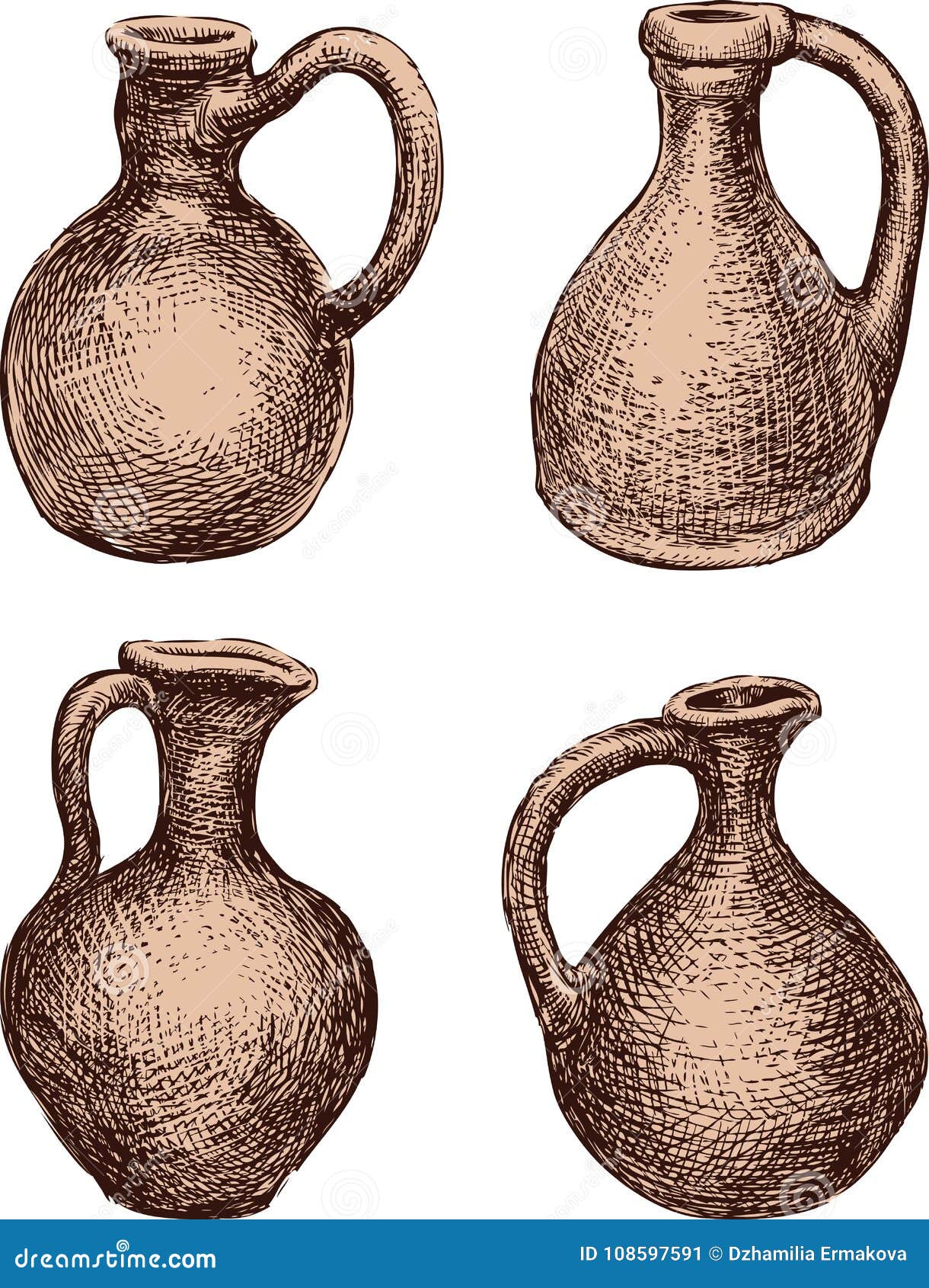 A set of the clay jugs stock vector. Illustration of graphic - 108597591