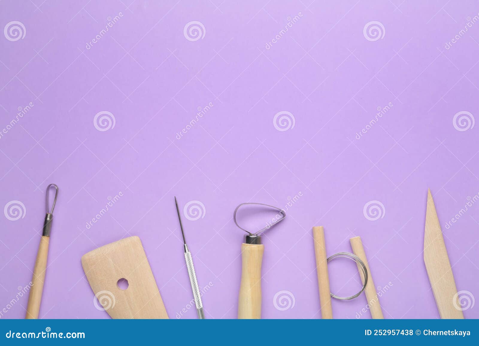 Set of Clay Modeling Tools on Violet Background, Flat Lay. Space for ...