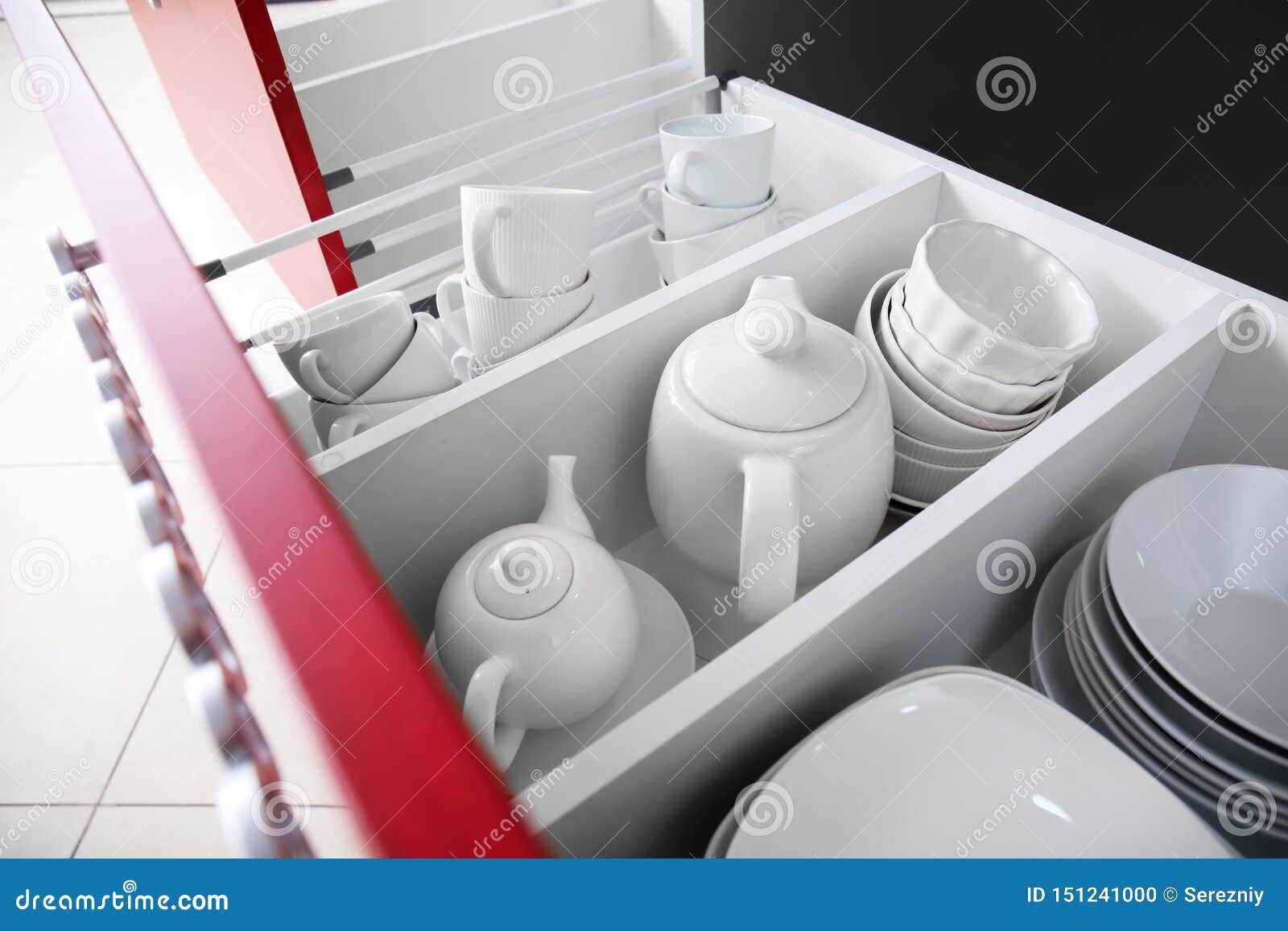 Set of Clean Tableware in Kitchen Drawer Stock Photo - Image of home ...