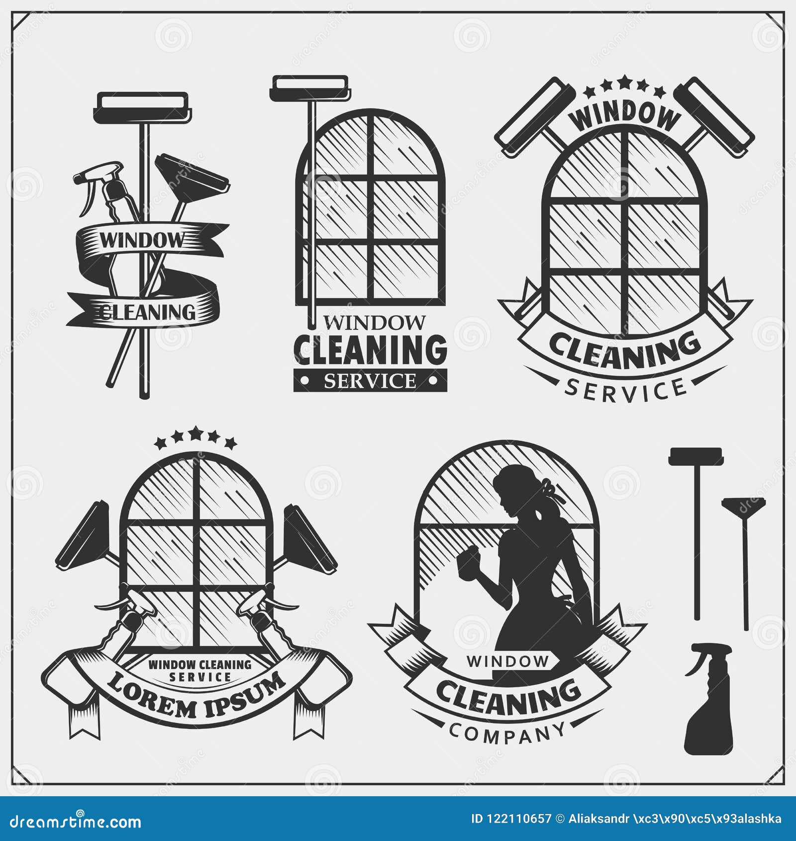 Set of Cleaning Service Emblems with Beautiful Young Maid. Clining ...