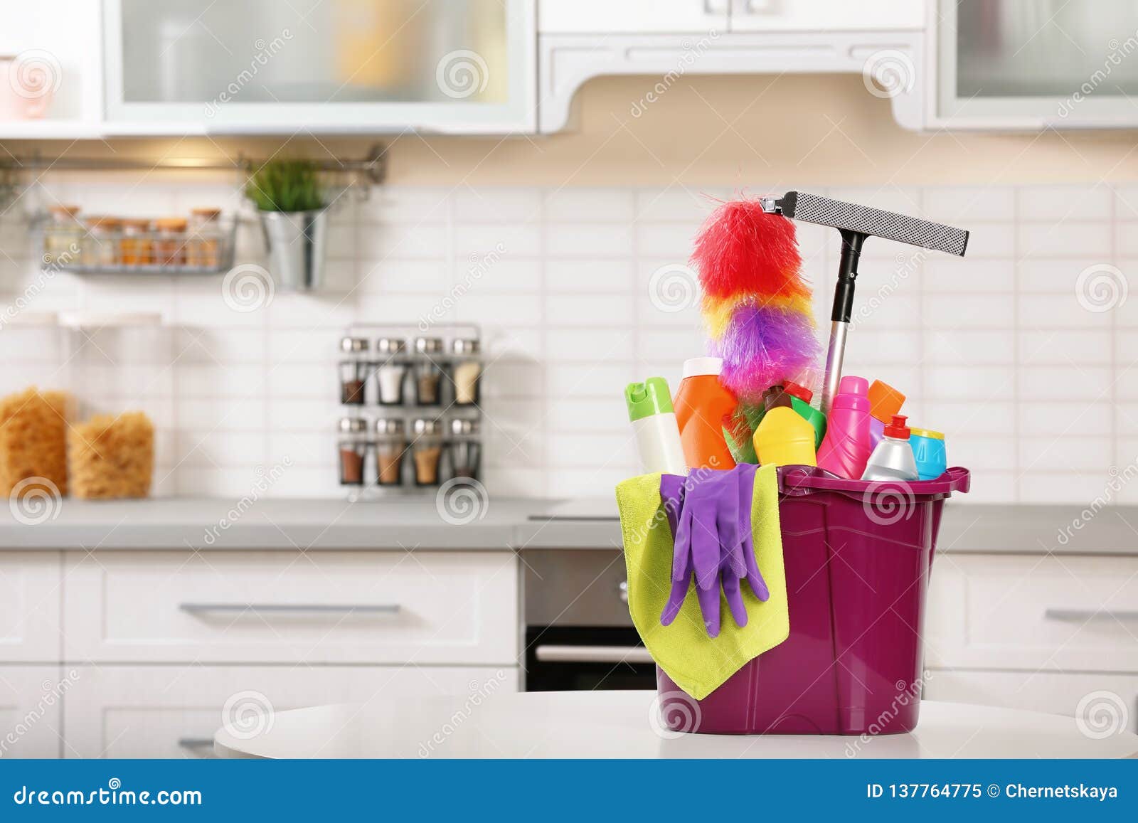 Set of Cleaning Supplies on Table in Kitchen. Stock Image - Image of ...
