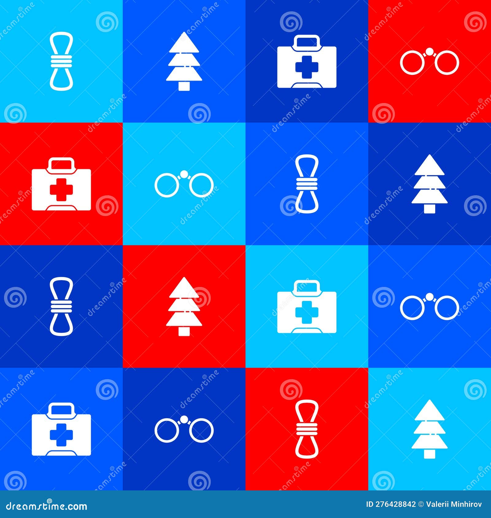 Set Climber Rope, Tree, First Aid Kit And Binoculars Icon. Vector ...
