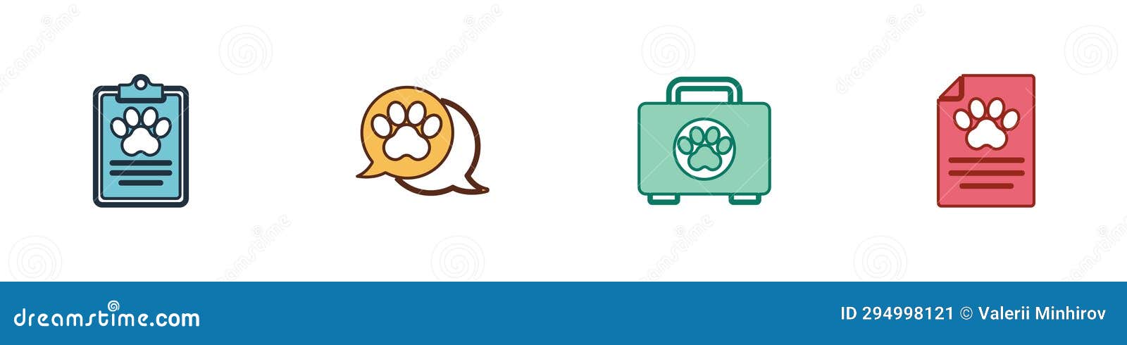 Set Clinical Record Pet, Paw Print, Pet First Aid Kit and Icon. Vector ...