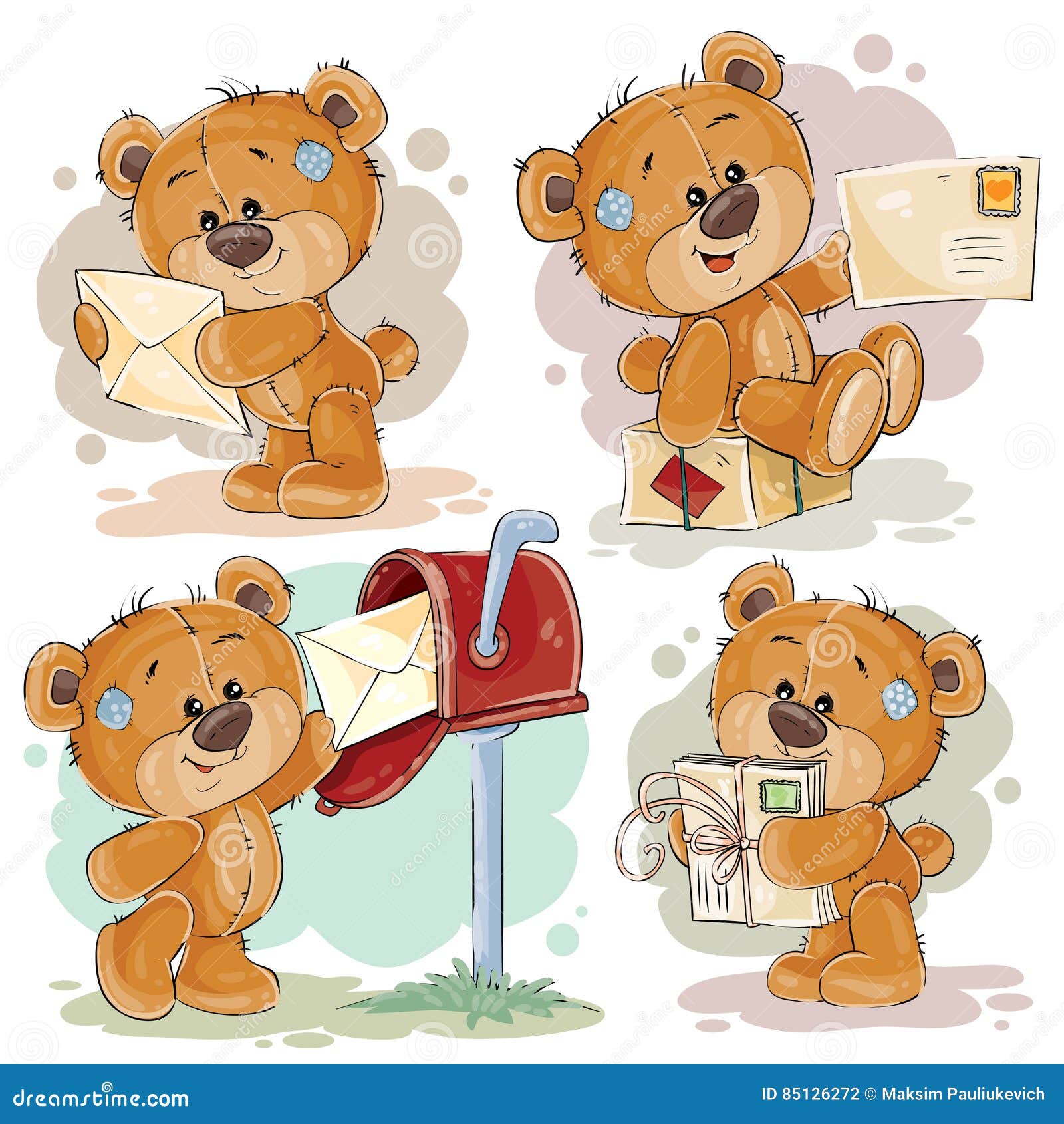 Set Clip Art Illustrations Of Teddy Bear Gets And Sends Letters ...