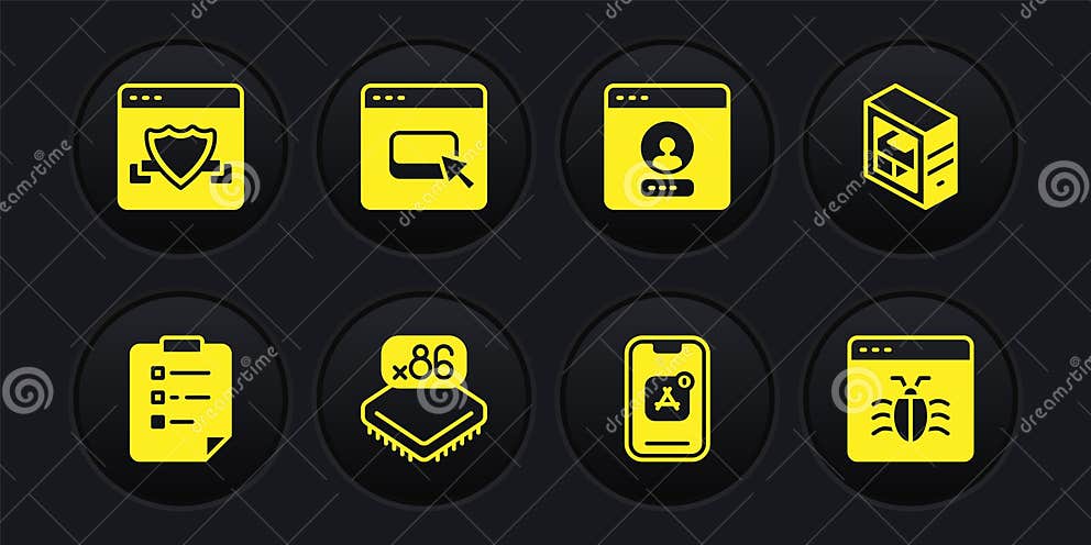 Set Clipboard with Checklist, Computer, Processor Microcircuits CPU, Mobile Apps, Create Account ...