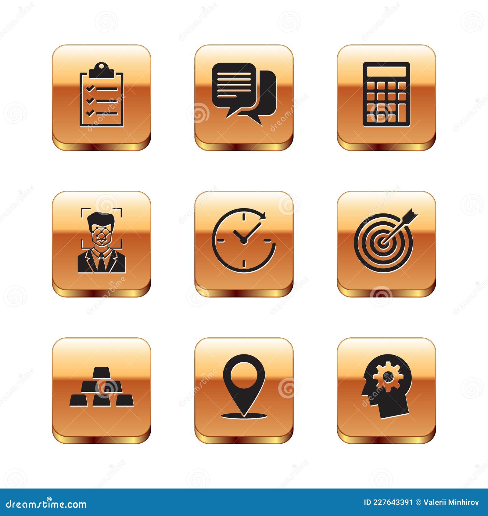 Set Clipboard with Checklist, Gold Bars, Map Pin, Clock Arrow, Face ...