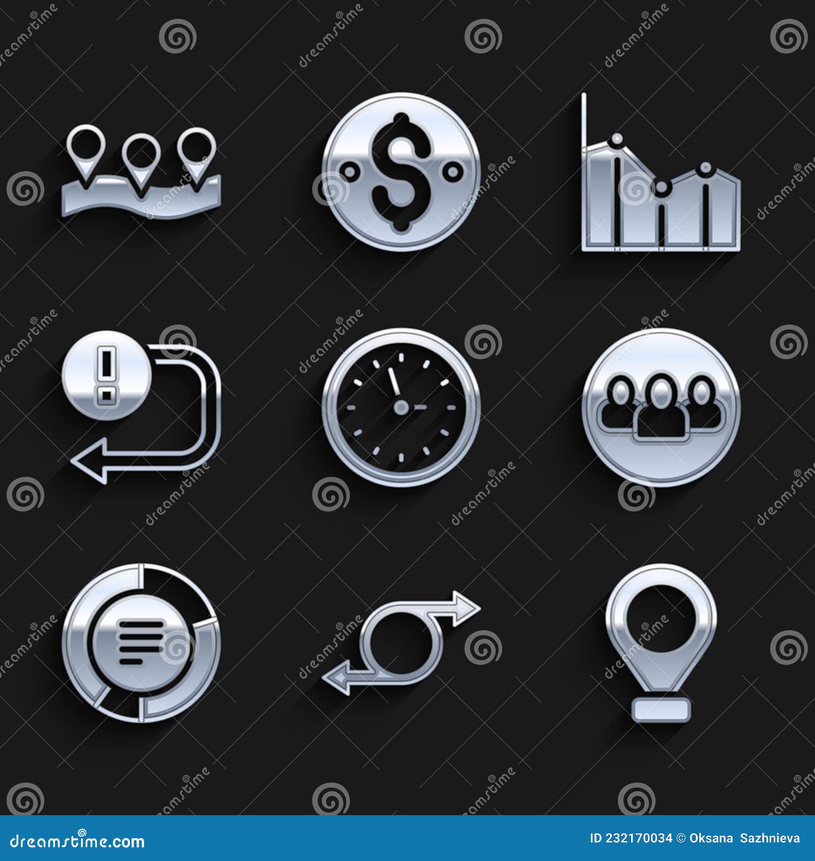 Set Clock, Arrow, Location, Project Team Base, Pie Chart Infographic, and Icon. Vector Stock ...