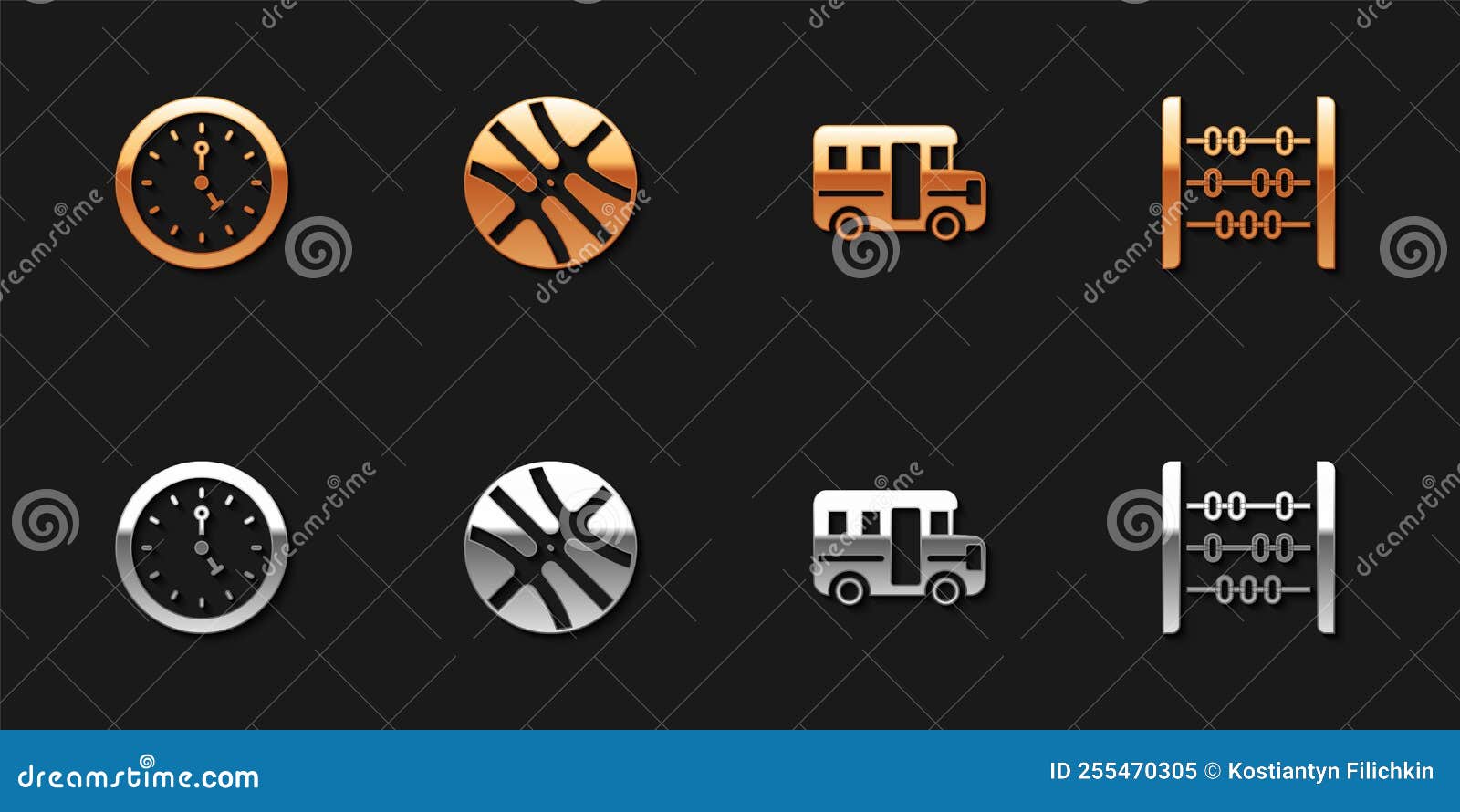 Set Clock Basketball School Bus Y Abacus Icon. Vector Ilustración del ...
