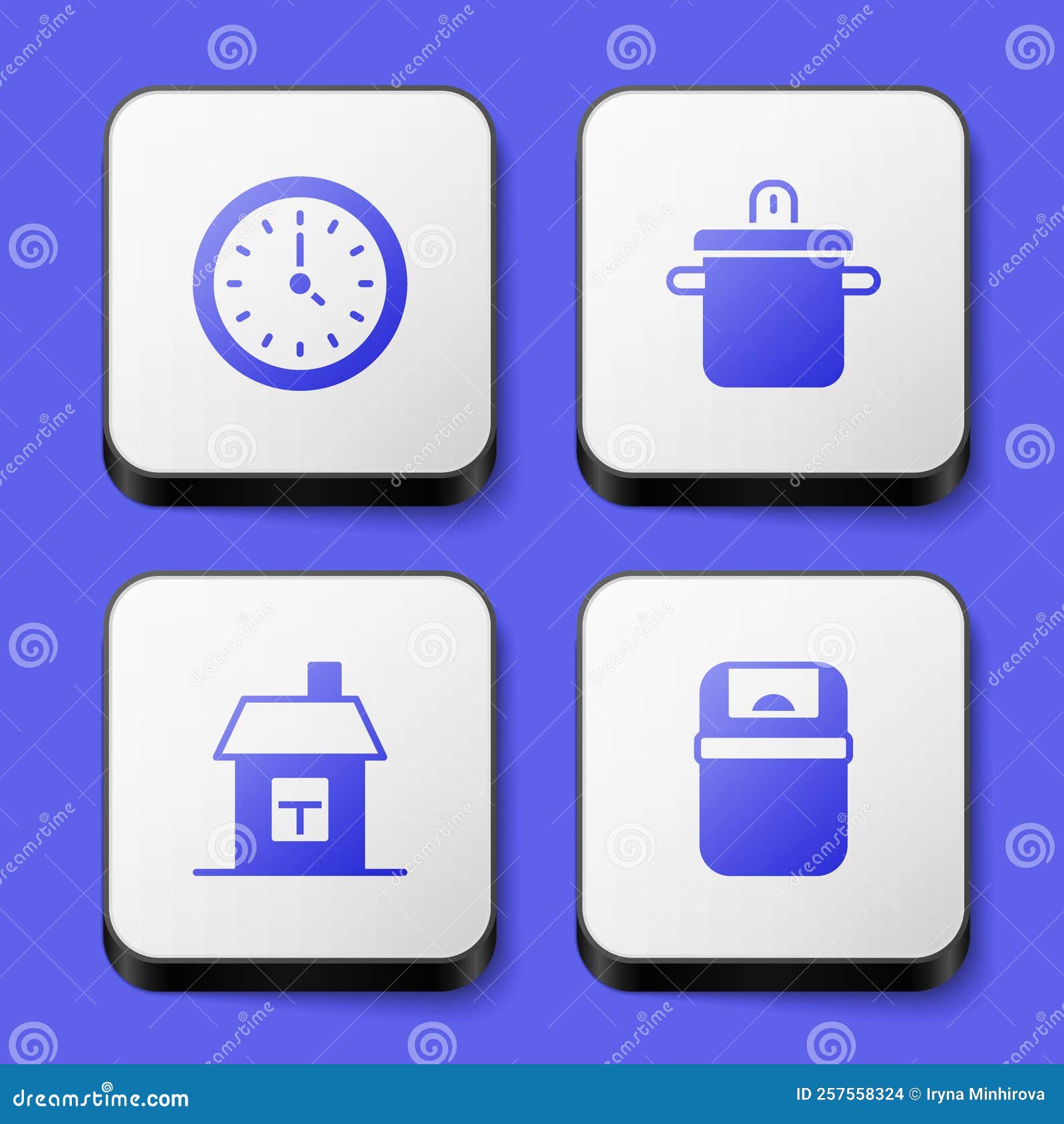 Set Clock, Cooking Pot, House and Trash Can Icon. White Square Button ...