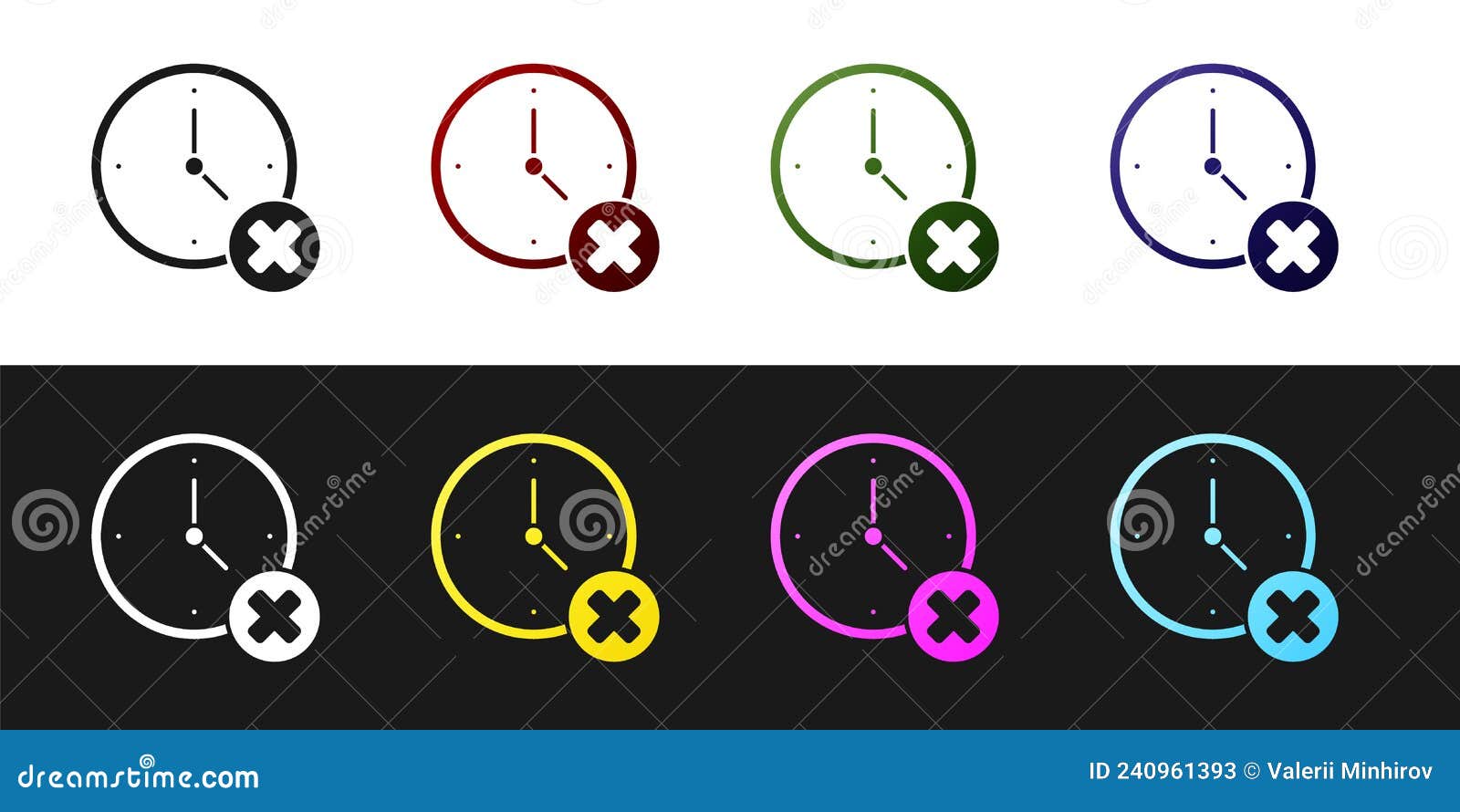 Set Clock Delete Icon Isolated on Black and White Background. Time ...