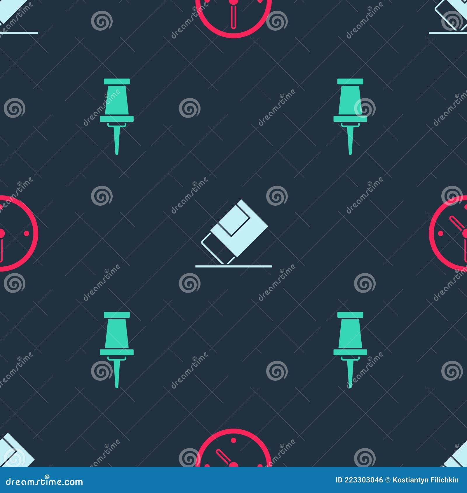 Set Clock, Eraser or Rubber and Push Pin on Seamless Pattern. Vector ...