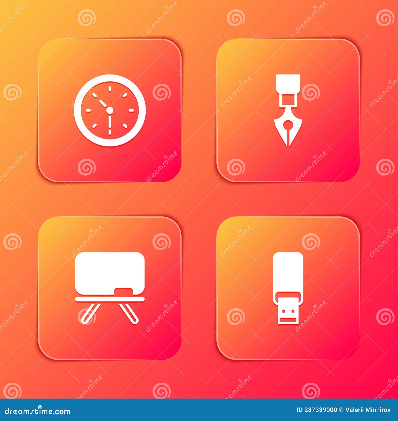 Set Clock, Fountain Pen Nib, Chalkboard and USB Flash Drive Icon ...