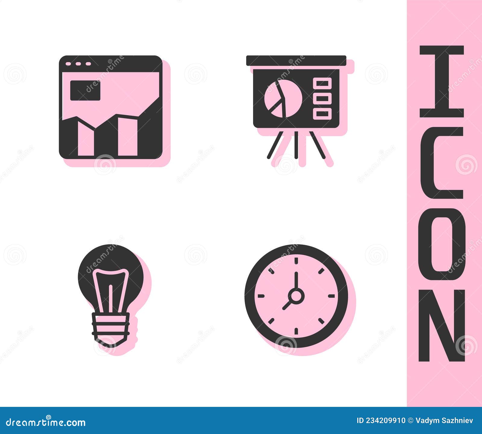 Set Clock, Graph Chart Infographic, Light Bulb and Board with Icon ...
