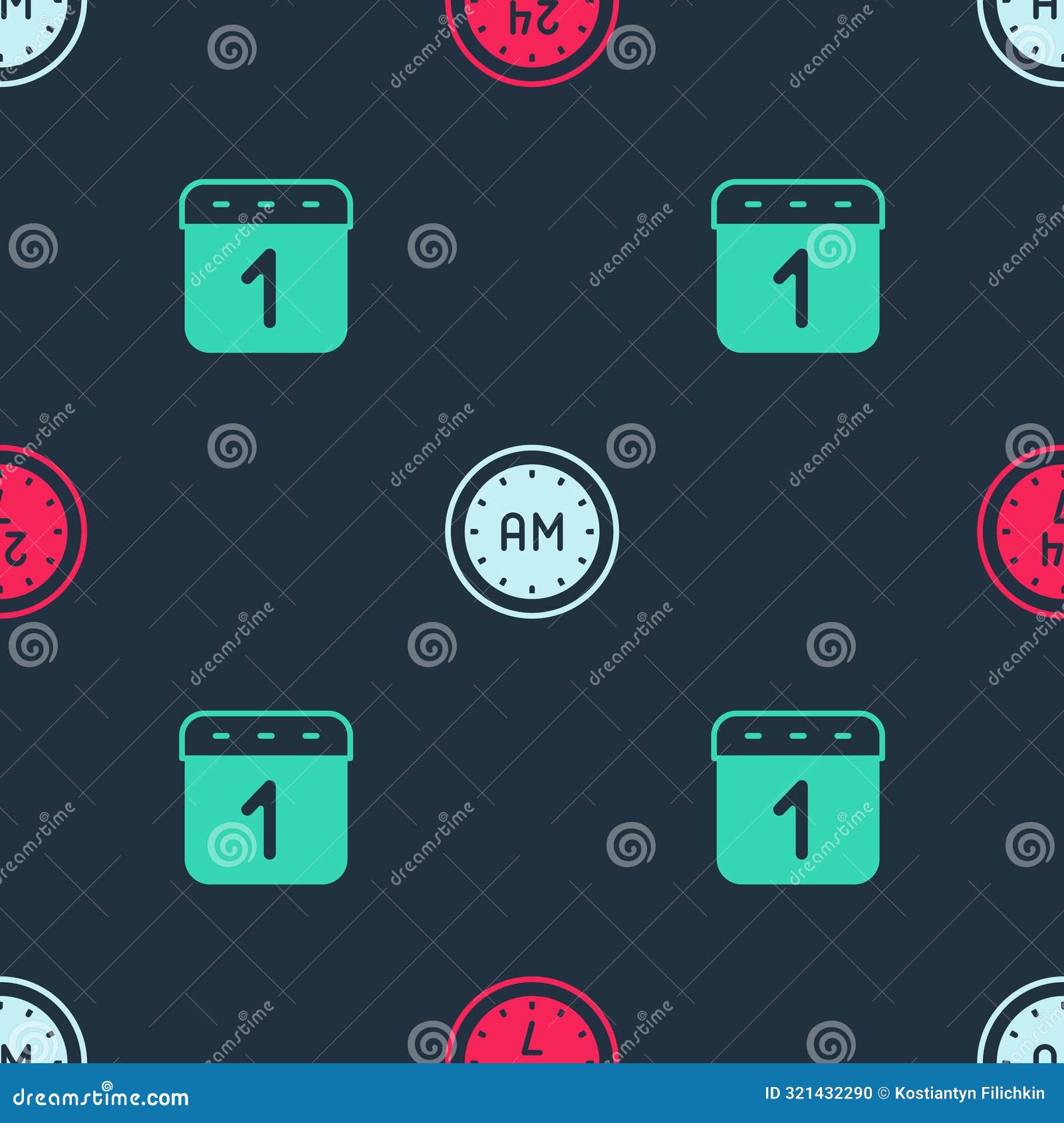 Set Clock 24 Hours, Morning Time and Calendar on Seamless Pattern ...