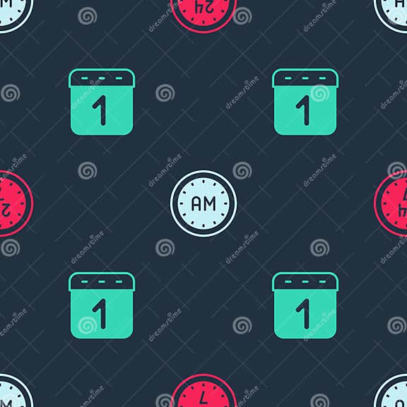 Set Clock 24 Hours, Morning Time and Calendar on Seamless Pattern ...