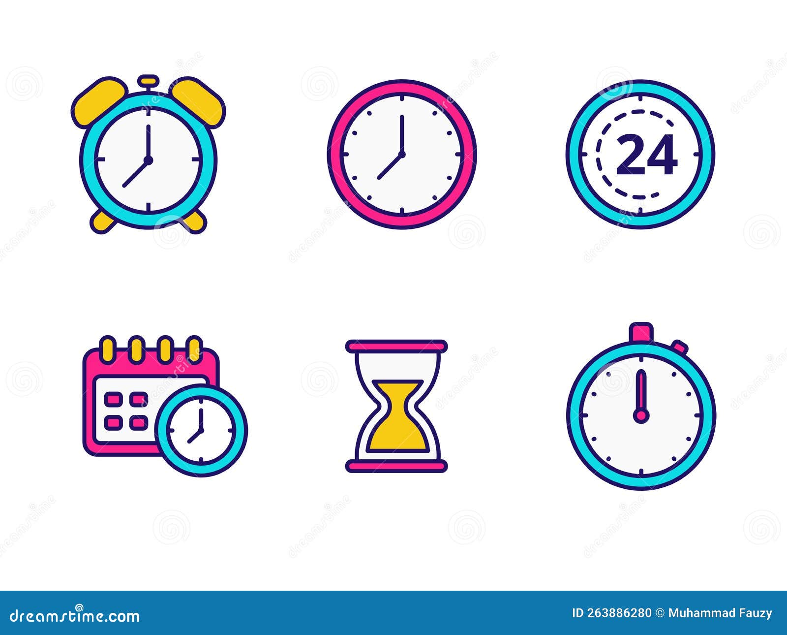 Set of Clock Icons with Colorful Designs Isolated on White Background ...