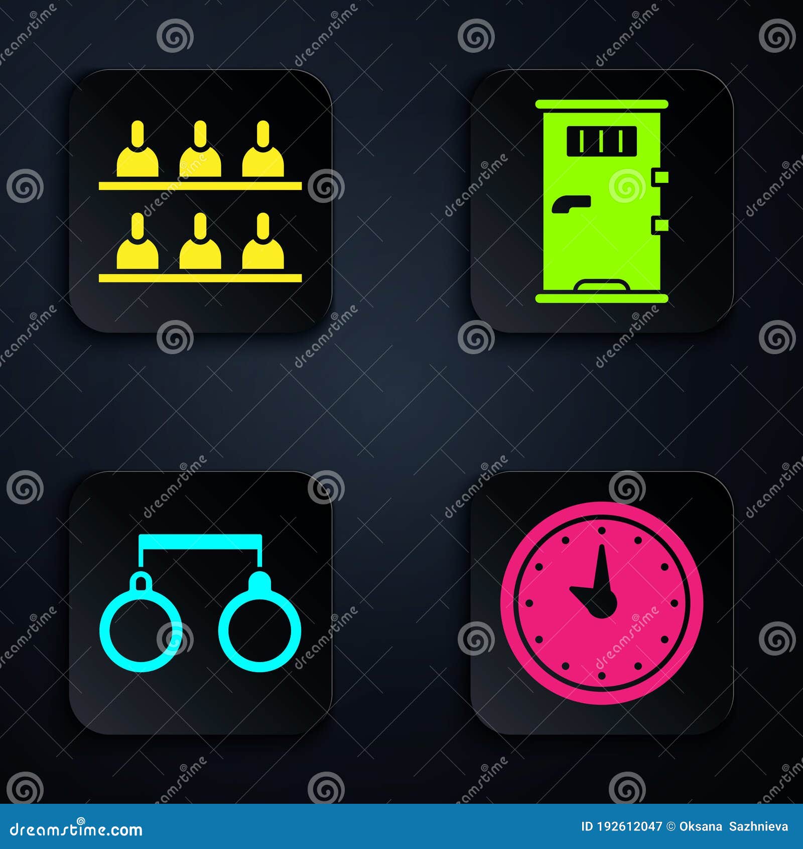 Set Clock, Jurors, Handcuffs and Prison Cell Door. Black Square Button ...