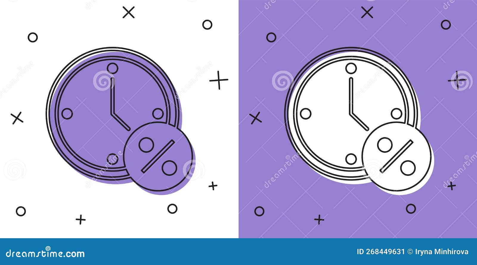 Set Clock and Percent Discount Icon Isolated on White and Purple ...