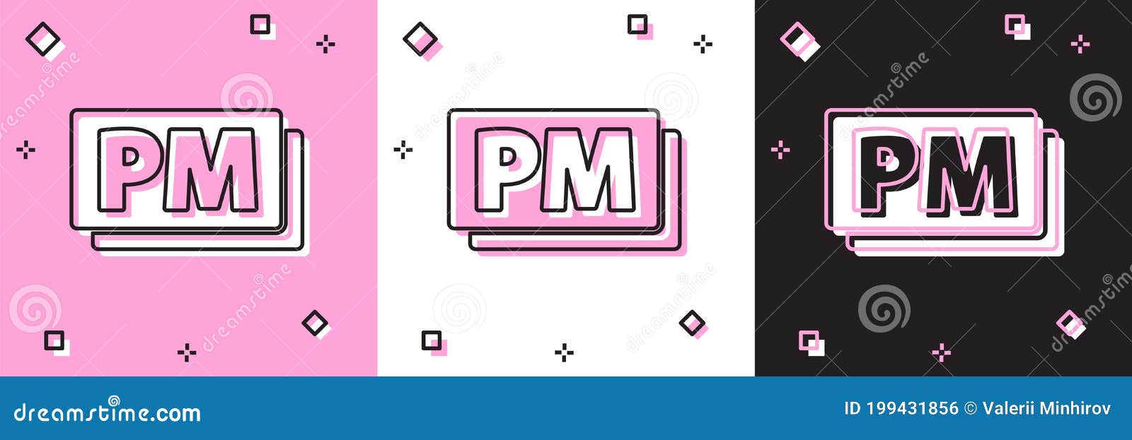 Set Clock PM Icon Isolated on Pink and White, Black Background. Time ...