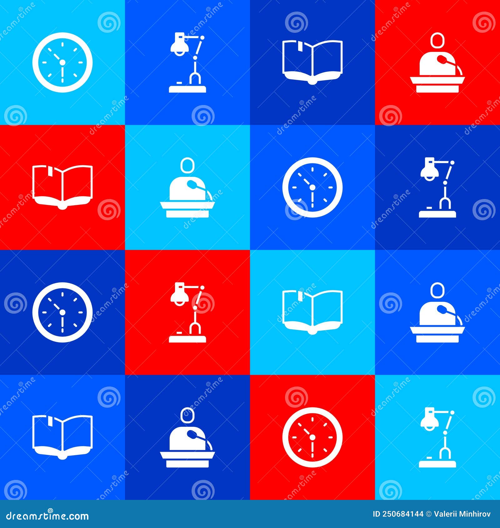 Set Clock, Table Lamp, Open Book and Gives Lecture Icon. Vector Stock ...