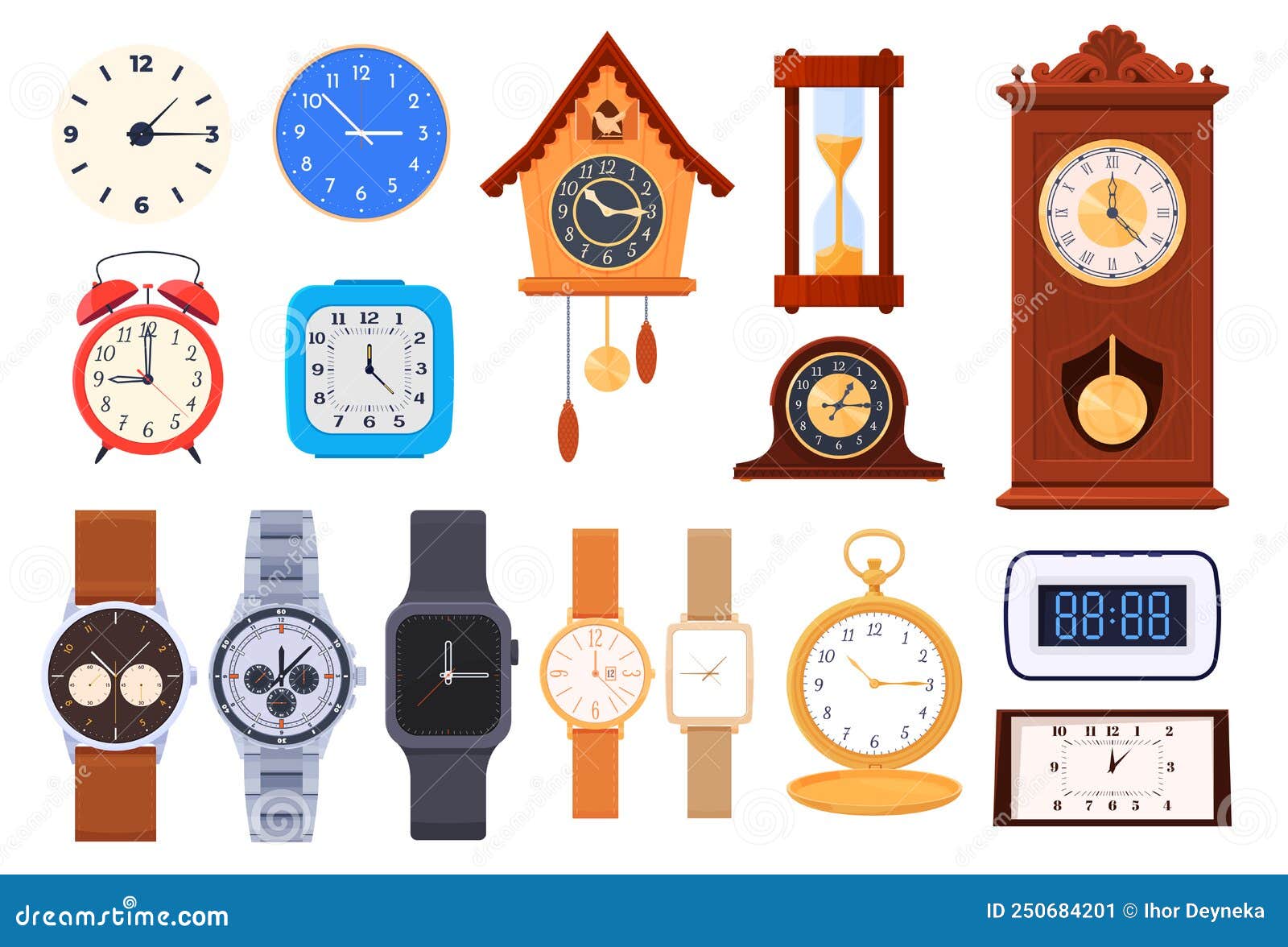 A Set of Clocks of Various Types and Models. Wall Wrist Office Clocks ...