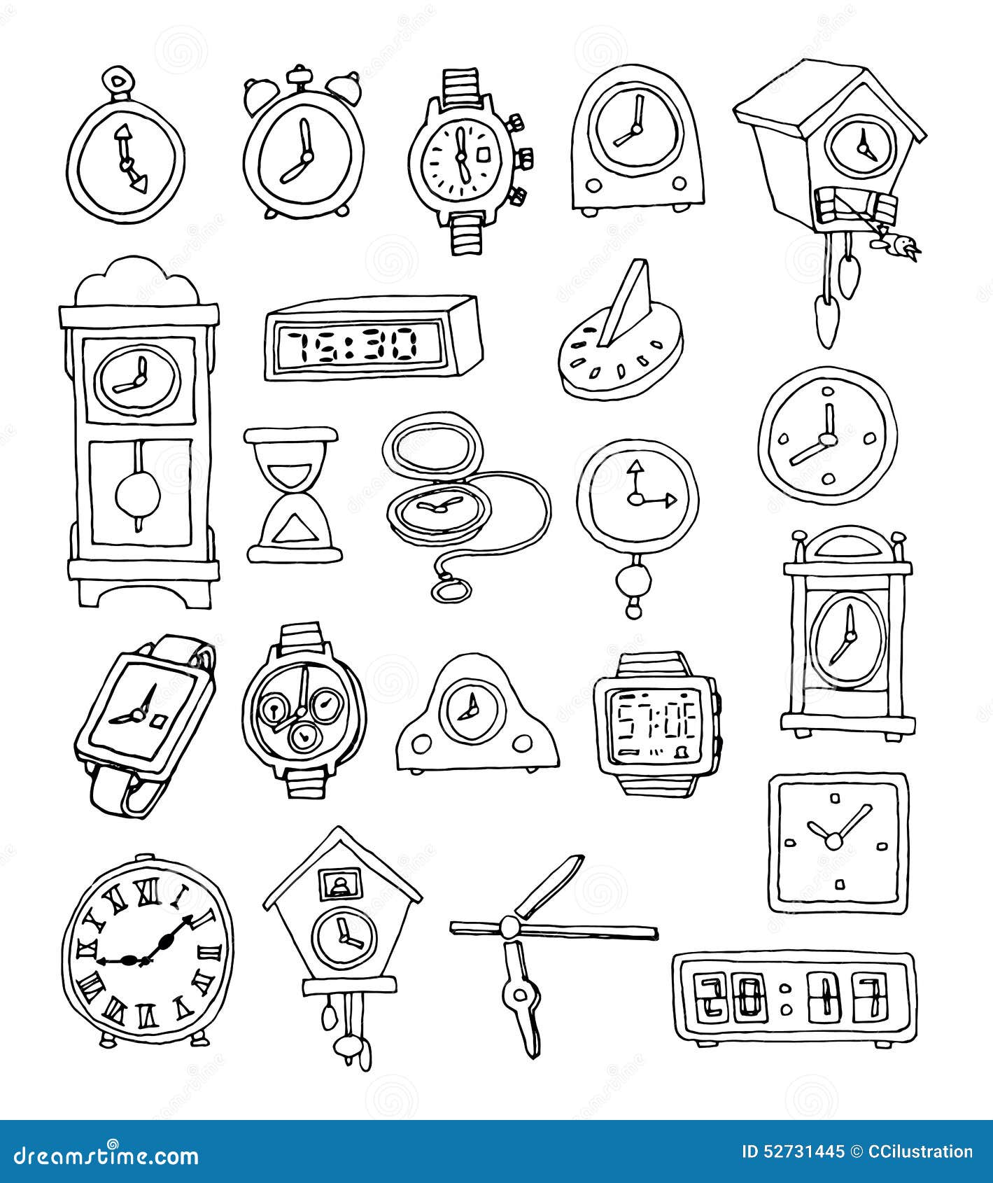 Set of Clocks and Watches, Hand Drawn Vector Illustration. Stock Vector ...