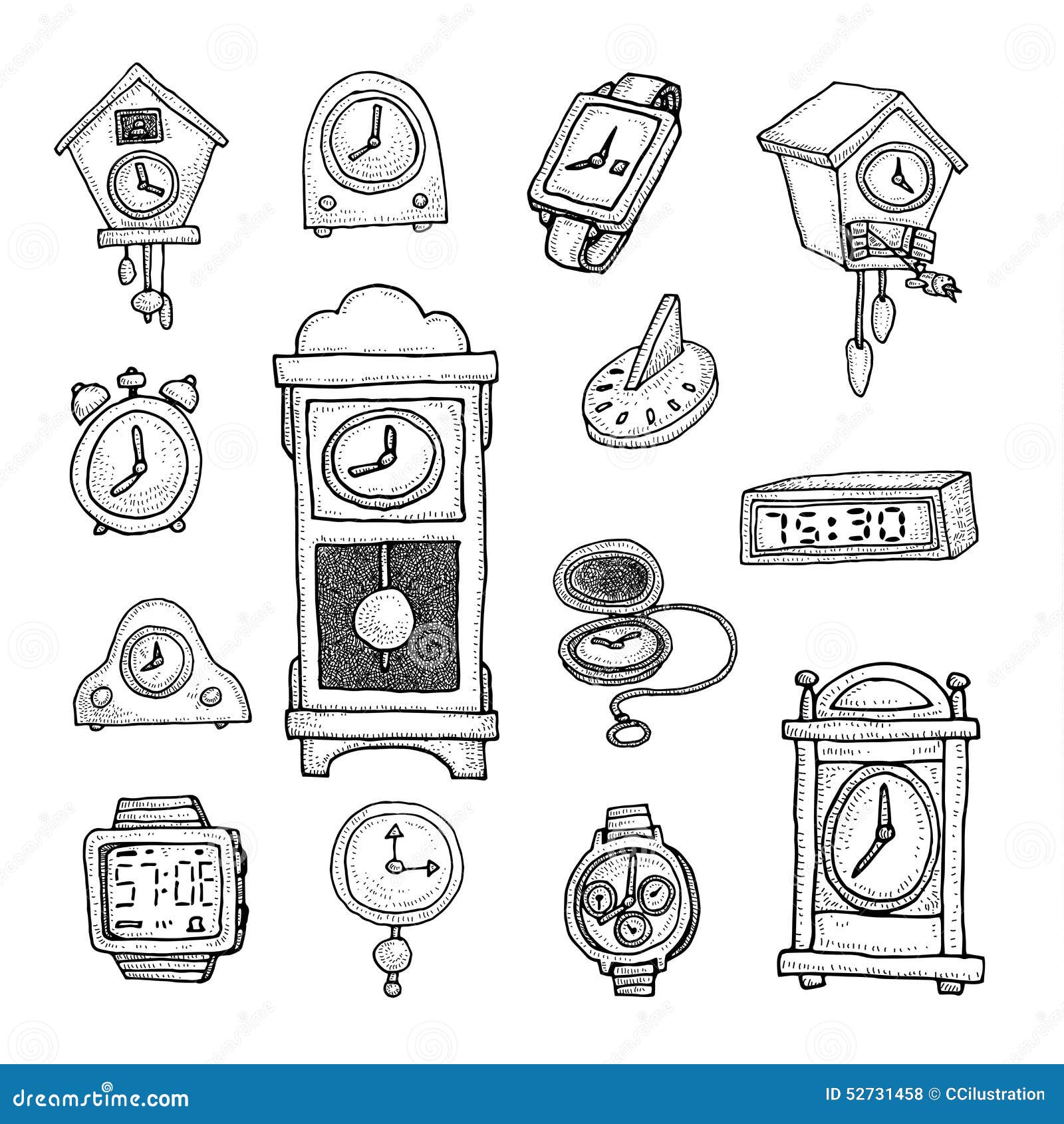 Set of Clocks and Watches, Hand Drawn Vector Illustration. Stock Vector ...